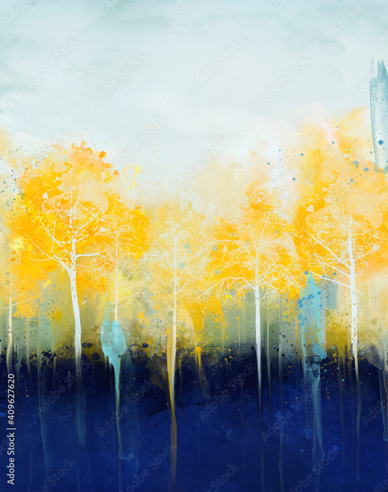 drawing of yellow abstract trees with splashes of watercolor Stock ...