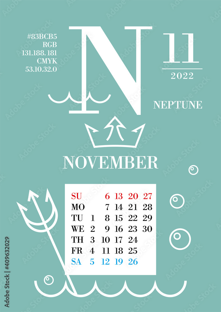 Calendar for November 2022. The background color is "Neptune", the ...