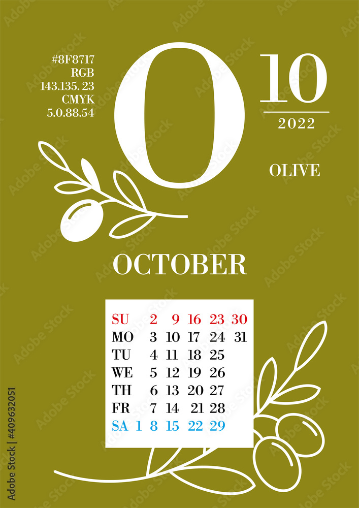 Calendar for October 2022. The background color is "Olive", the letter ...