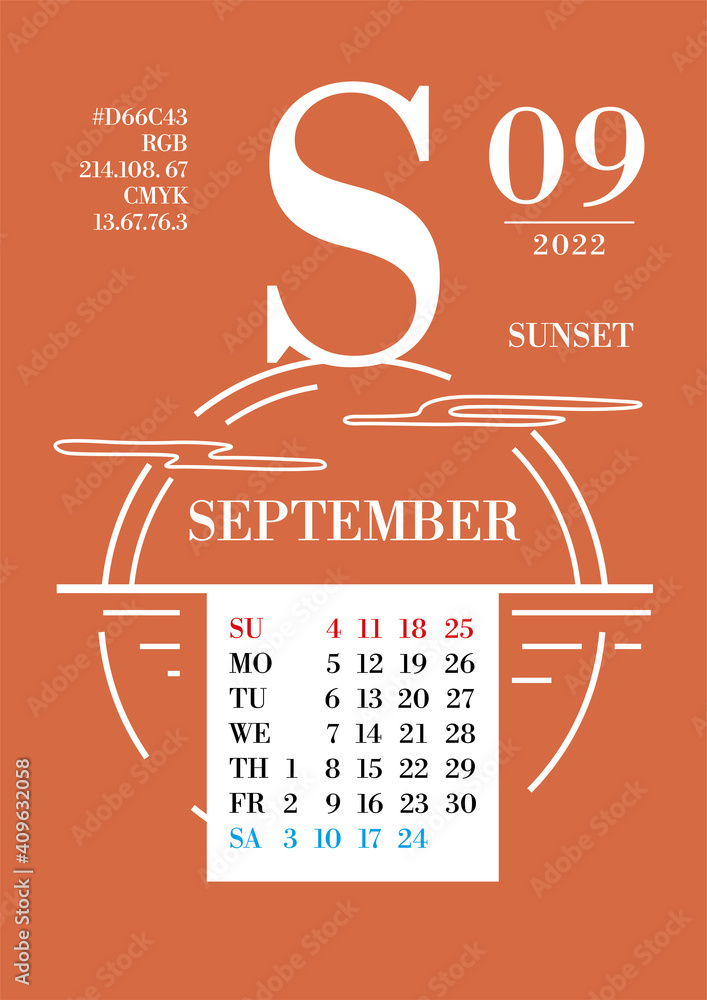 Calendar for September 2022. The background color is "Sunset", the ...