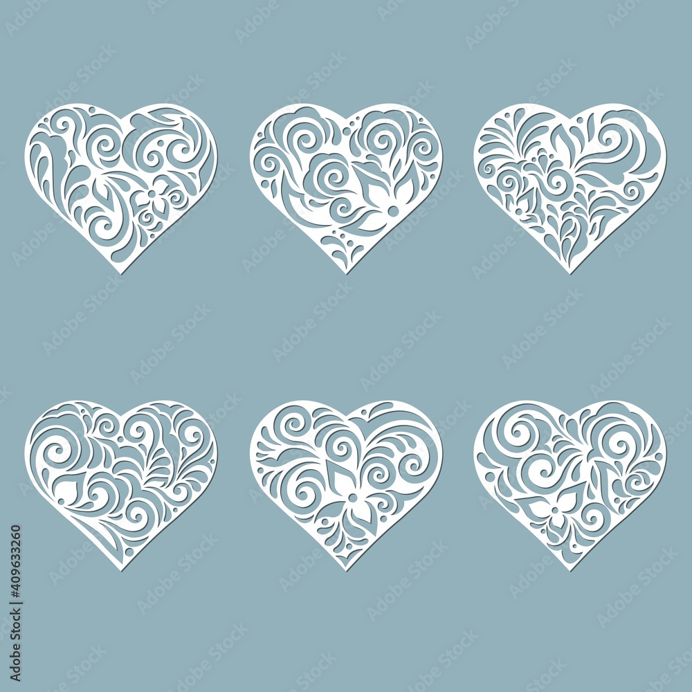 Set stencil hearts with patterns of leaves and flowers. Template for ...