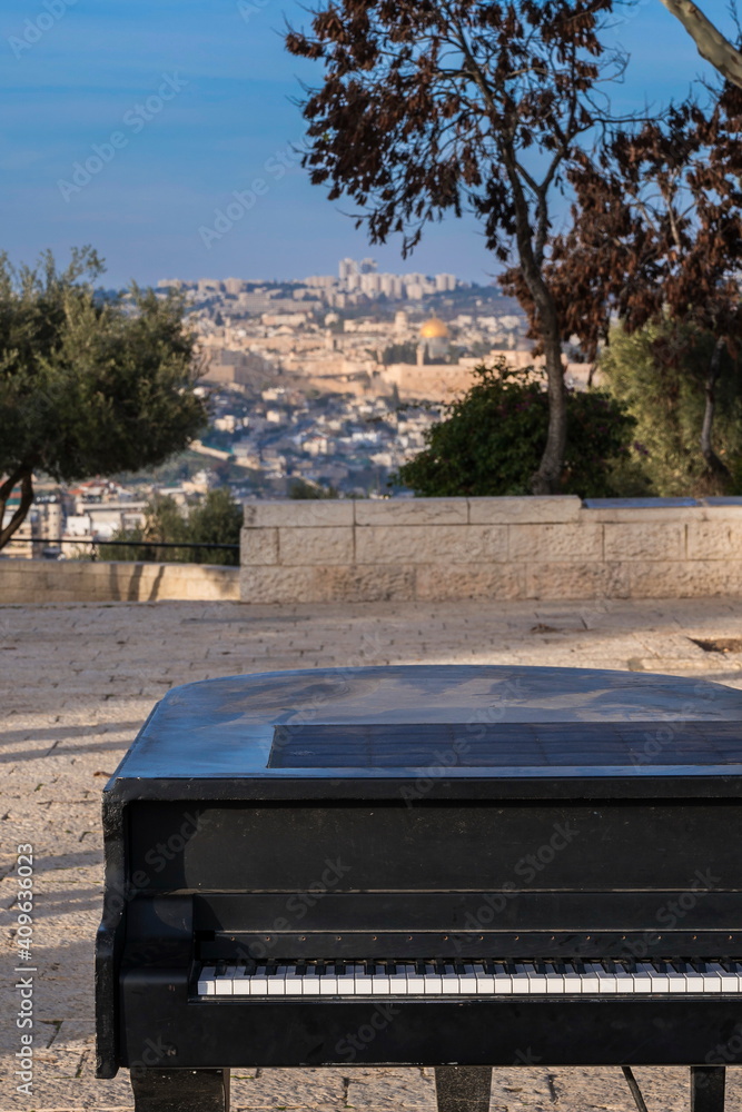 Street piano at Jerusalem's Sherover (Haas) promenade or the Tayelet ...