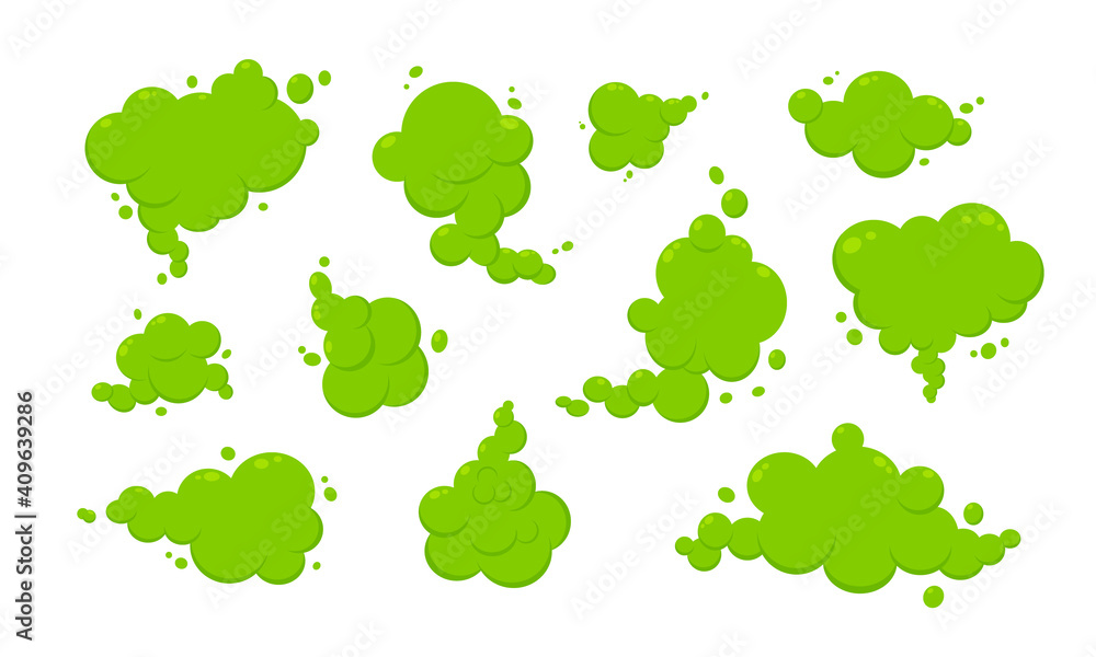 Smelling green cartoon smoke or fart clouds flat style design vector ...