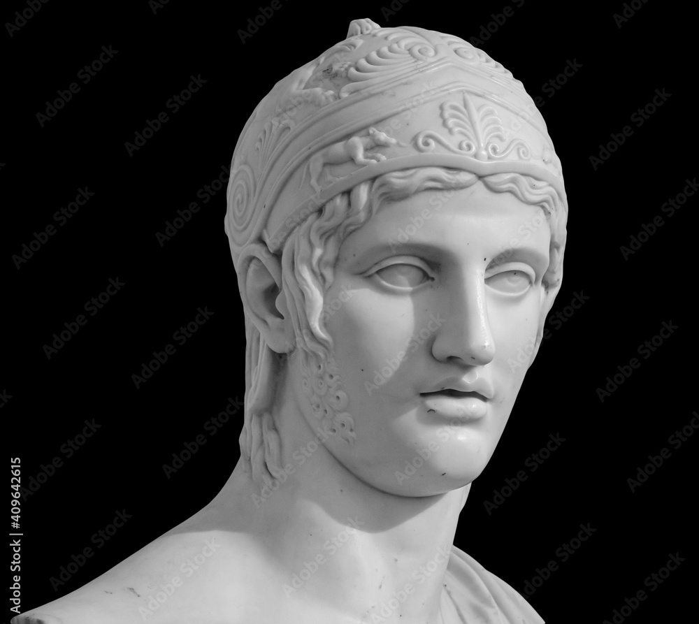 Ancient roman statue. Head and shoulders detail of the man sculpture ...