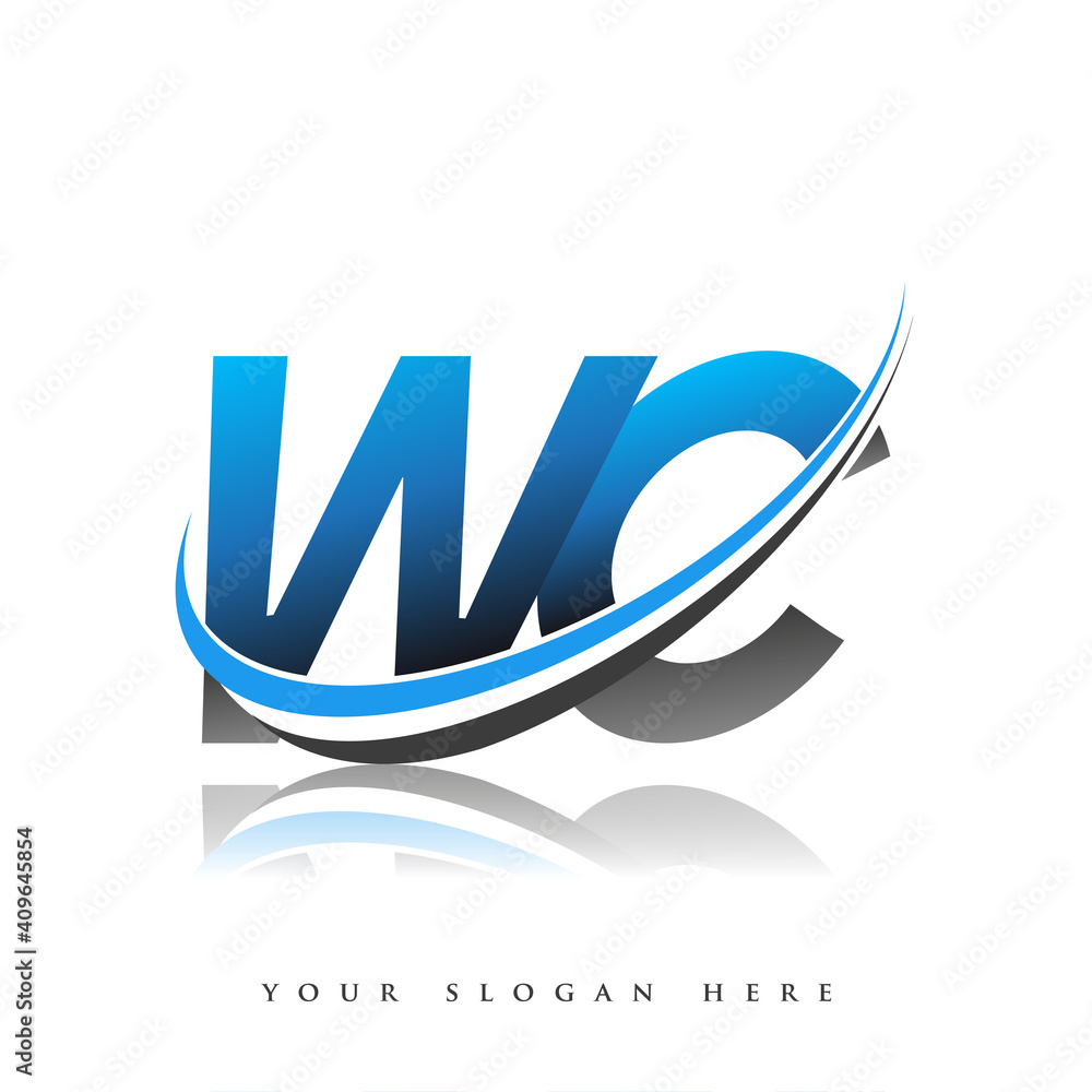 WC initial logo company name colored blue and black swoosh design ...