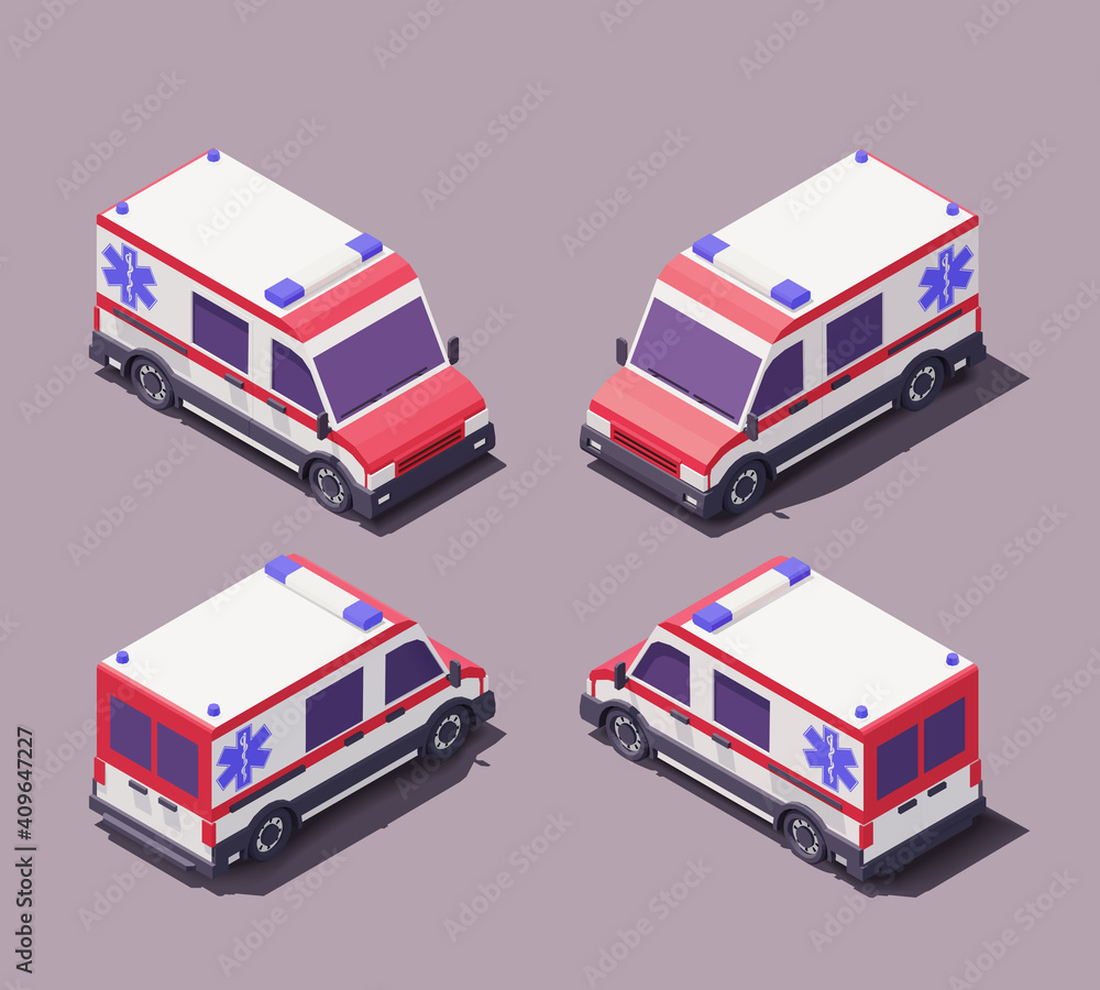 Vector isometric ambulance emergency car. Four side view. Isolated ...