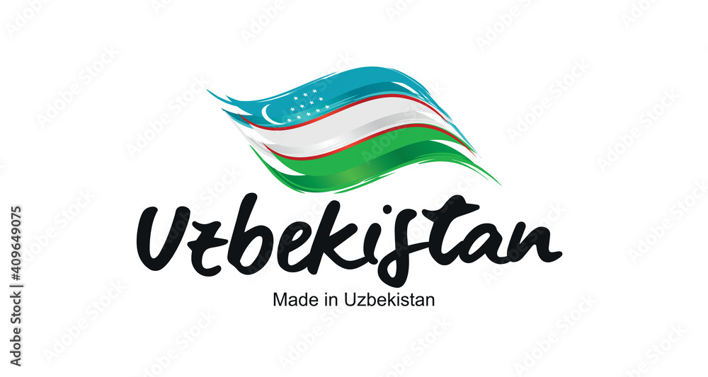 Made in Uzbekistan handwritten flag ribbon typography lettering logo ...