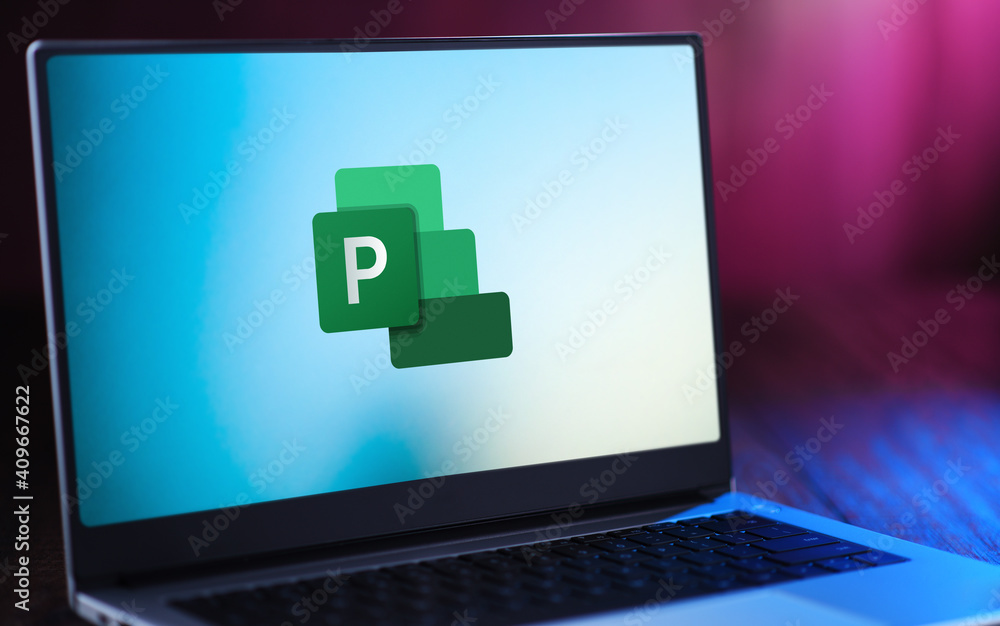 Laptop computer displaying logo of Microsoft Project Stock Photo ...