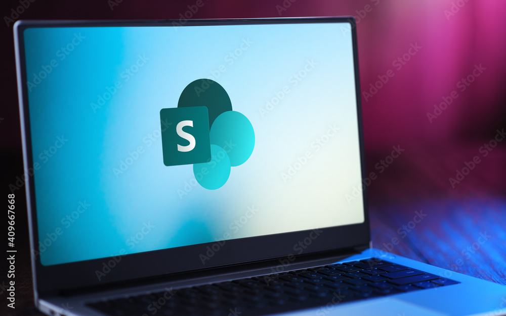 Laptop computer displaying logo of SharePoint Stock Photo | Adobe Stock