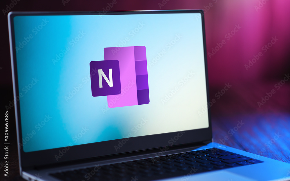 Laptop computer displaying logo of Microsoft OneNote Stock Photo ...