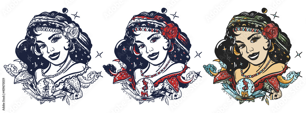 Witch woman portrait. Dark gothic fairy tale, halloween. Fortune teller ...