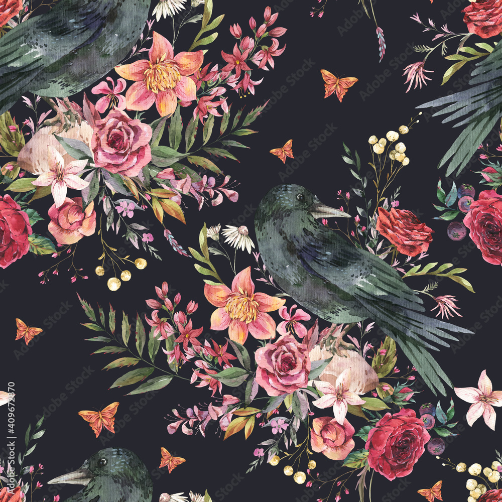 Black raven vintage seamless pattern with flowers. Burgundy roses ...