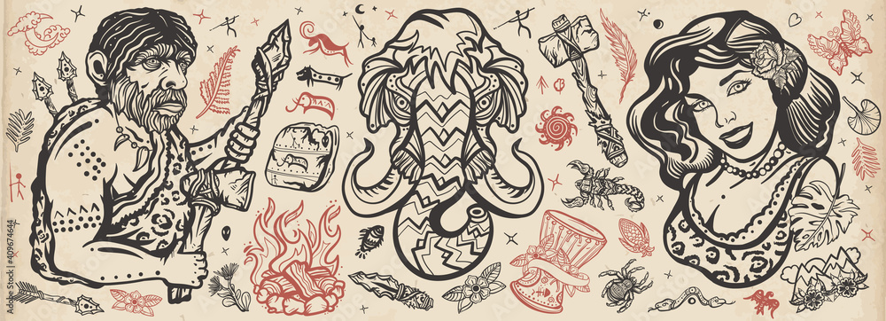 Stone age. Old school tattoo vector collection. Neolithic and ...
