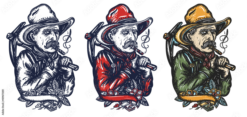 Gold digger portrait. American cowboy. Old school tattoo vector art ...