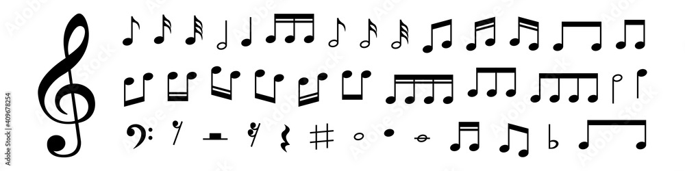 Collection of Music notes. Musical key signs. Vector symbols on white ...