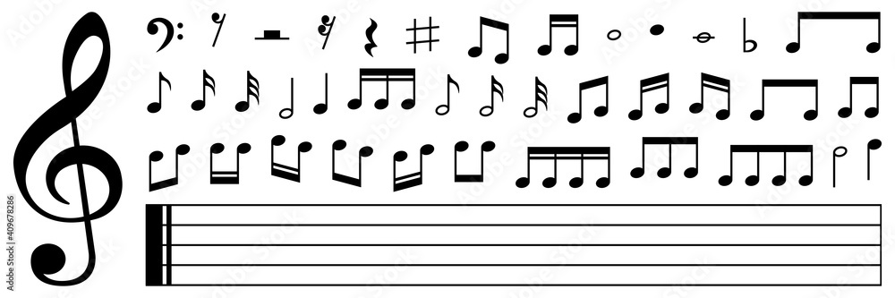 Collection of Music notes. Musical key signs. Vector symbols on white ...
