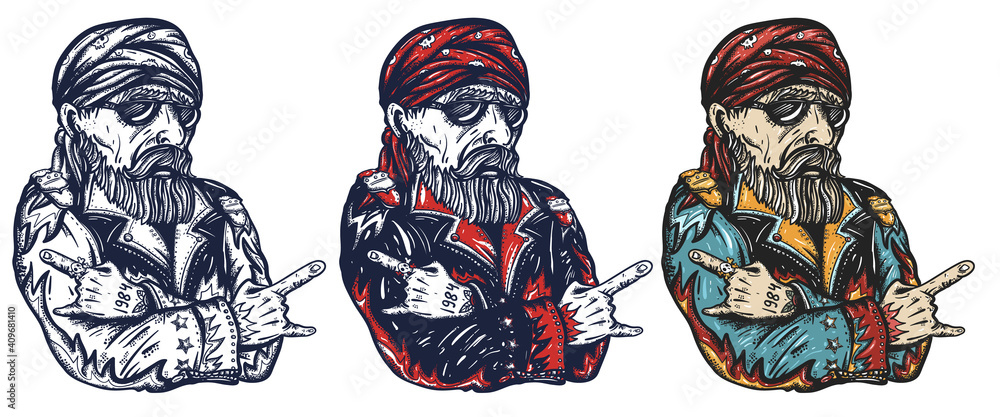 Bearded biker man portrait. Lifestyle of moto sports. Old school tattoo ...