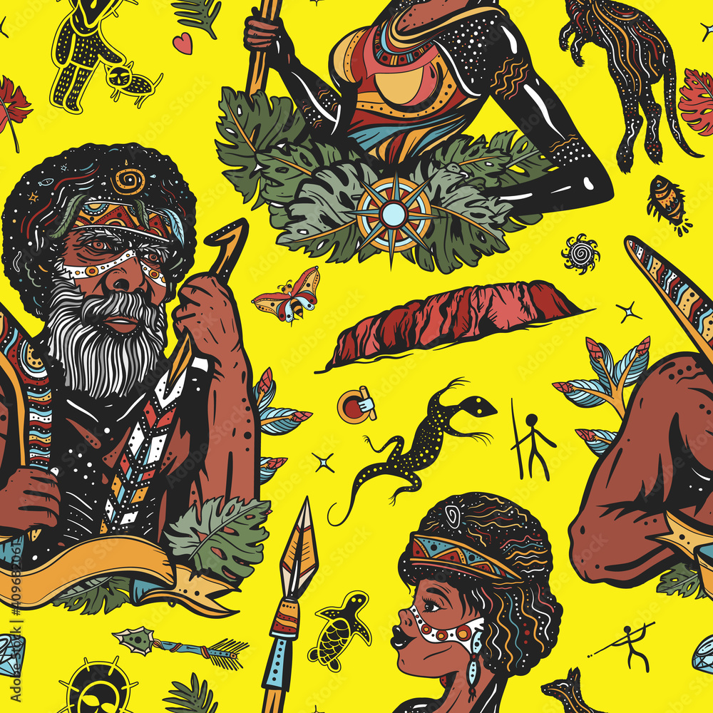 Australia seamless pattern. Boomerang, rock painting, kangaroo, map ...