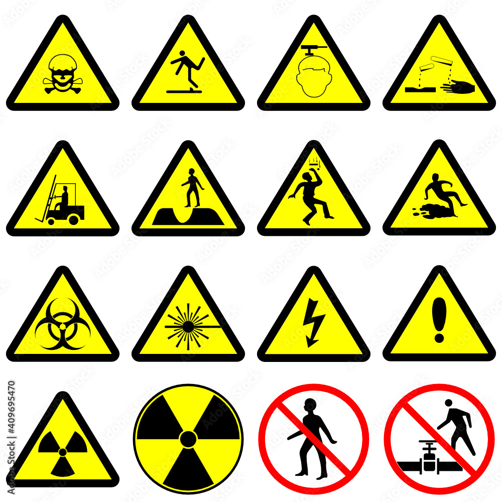 Industrial warning yellow sign vector set isolated on white background ...