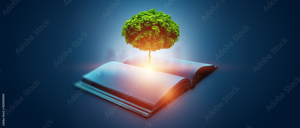 Image of a green tree growing from a book on a blue background ...