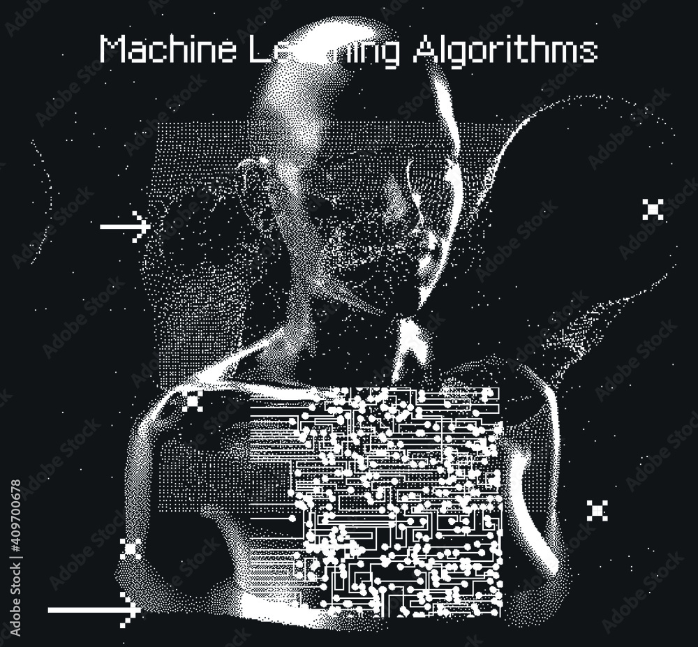 Vetor de Pixelated and glitched portrait of android human, supreme ...