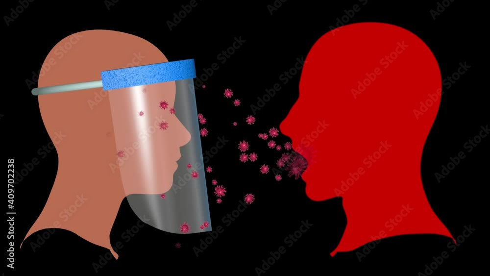 Man coughs releasing germs on Medical face shield. Microbes, bacteria ...