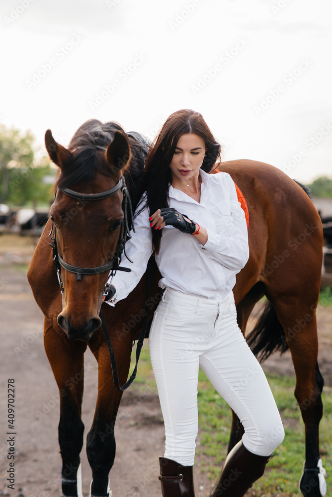 A young pretty girl rider poses near a thoroughbred stallion on a ranch ...