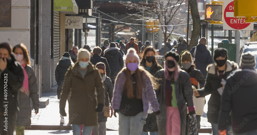 Crowd of people walking street wearing masks Stock Photo | Adobe Stock