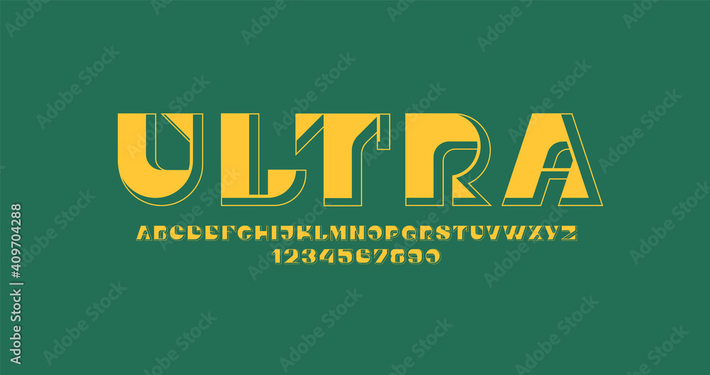 Ultra yellow font, elegant modern alphabet, letters and numbers, vector ...