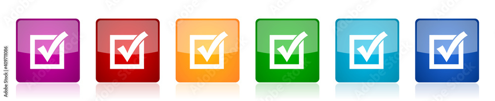 Correct, check box icon set, square glossy vector buttons in 6 colors ...