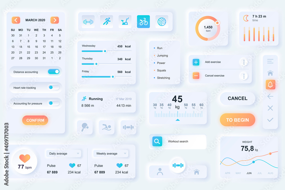 User interface elements for fitness mobile app. Unique neumorphic ...