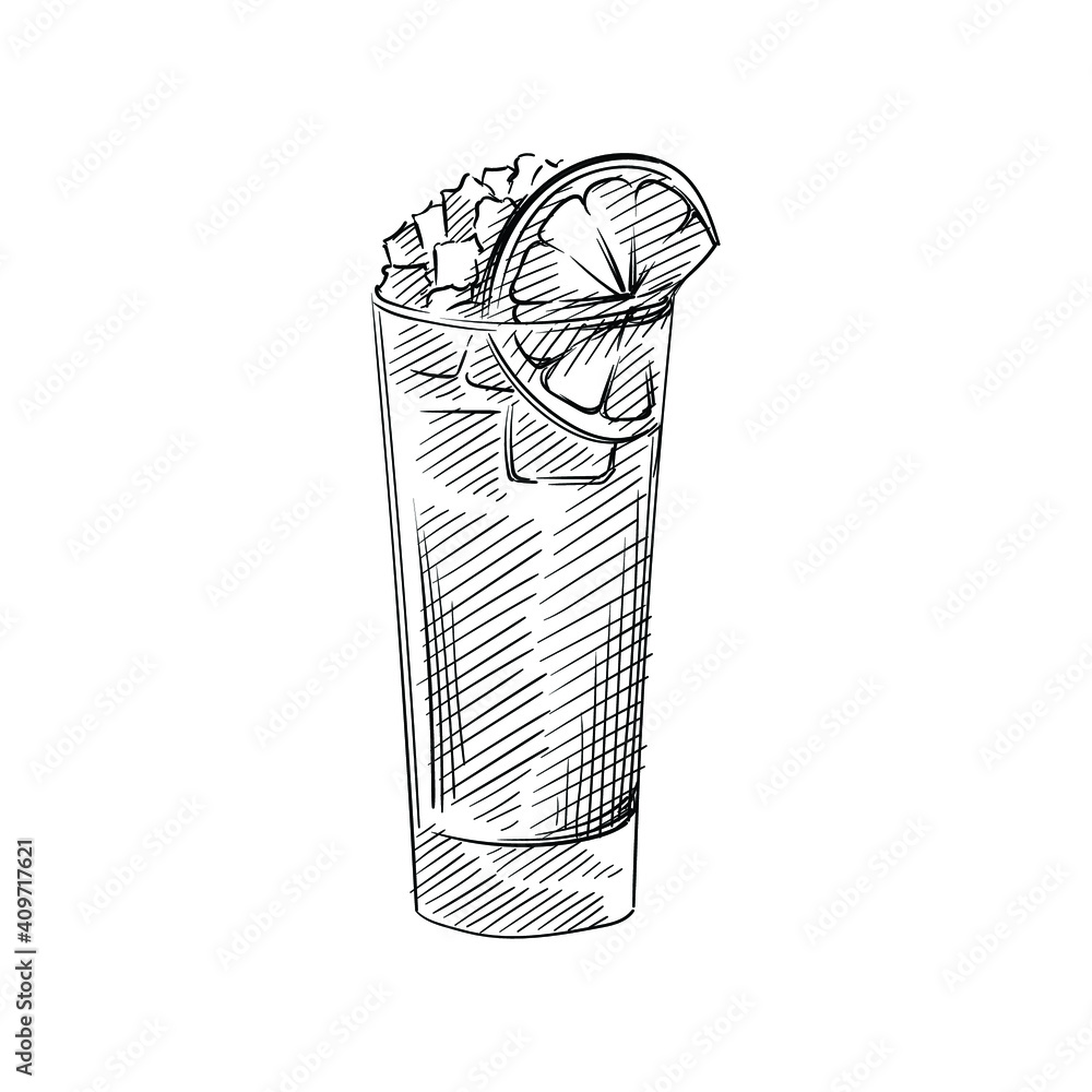 Hand drawn sketch of Cocktail drink in highball glass with lemon and ice on a white background ...