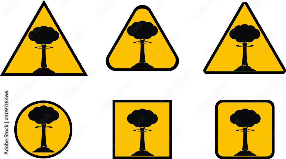 6 different types of hazardous nuclear test site signs on black and ...