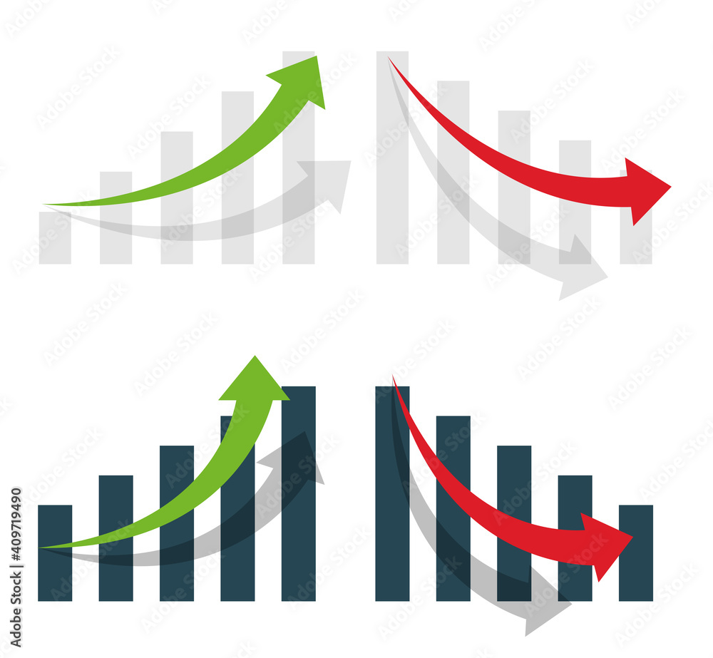 Graph or diagram with arrow going up and down. Graph rise and fall ...