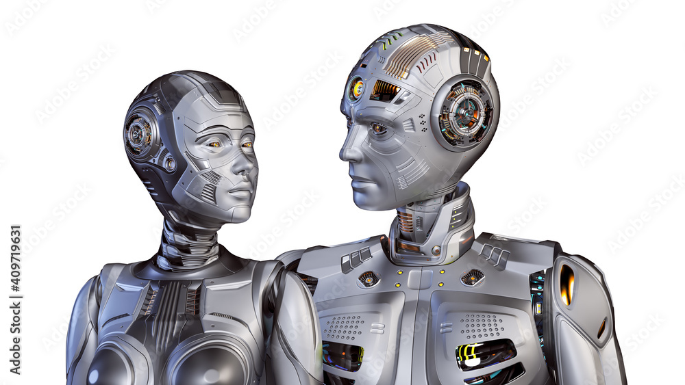 3d render of two detailed futuristic robots man and woman looking at each other while staying ...