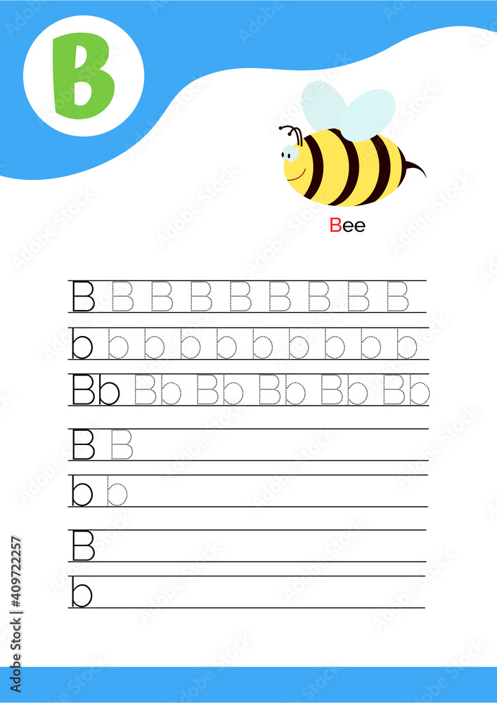 Letter B with a picture of bee and seven lines of letter B writing ...