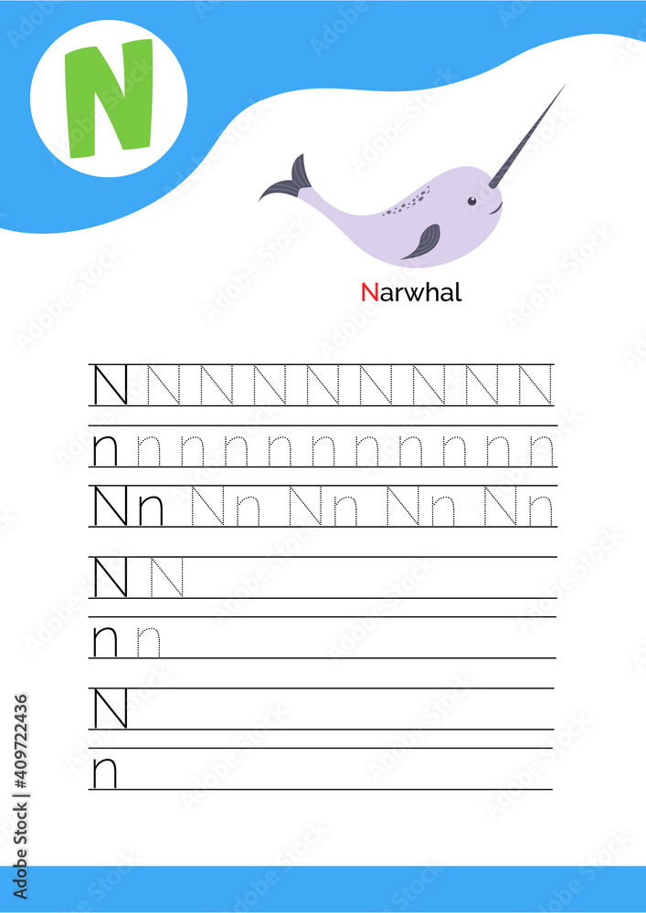 Letter N with a picture of narwhal and seven lines of letter N writing ...