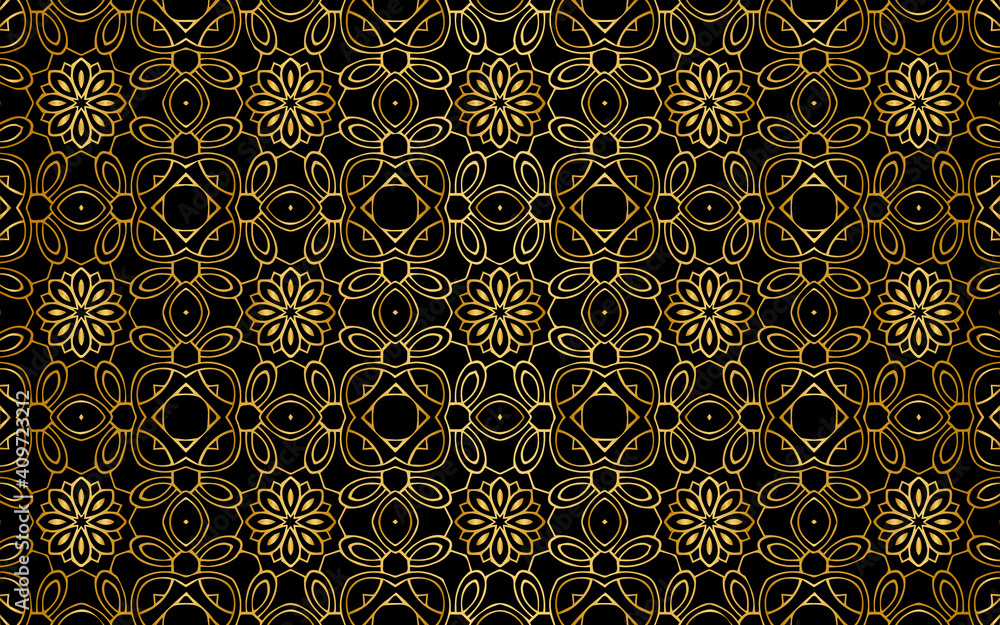 Ethnic gold pattern of geometric shapes and abstract flowers in ...