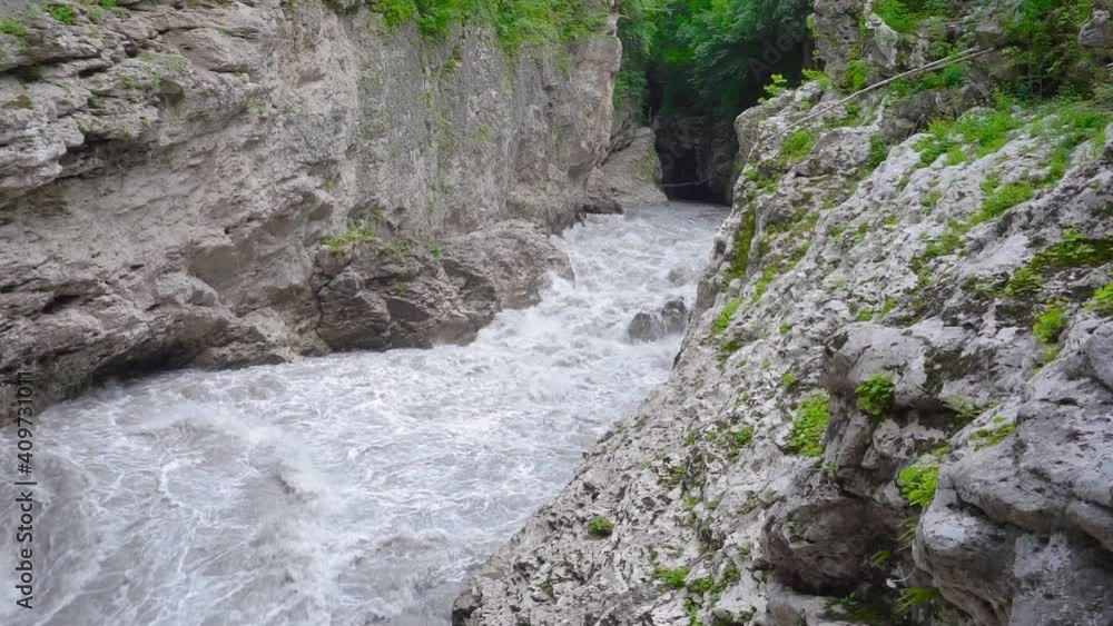 Khadzhokhsky gorge. Narrow part of the gorge Belaya River. The rapid ...