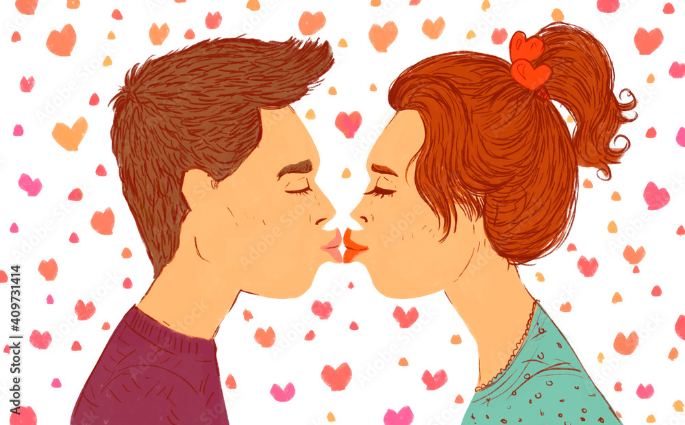 cartoon illustration of a couple, a young girl and a guy in a kiss ...
