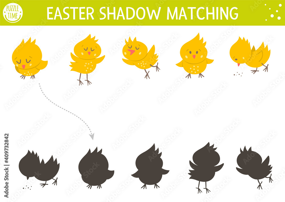 Easter shadow matching activity for children with chickens. Fun spring puzzle with cute farm ...