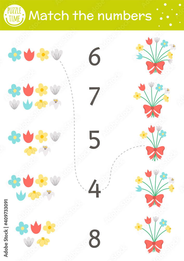 Easter matching game with bouquet of spring flowers. Holiday math ...