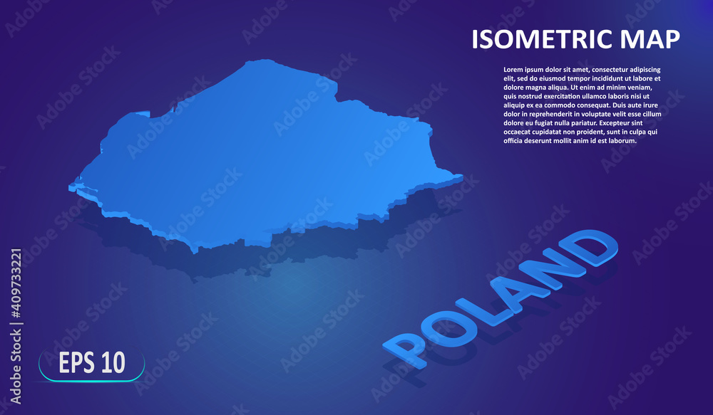 Isometric map of Poland. Map of the European country on blue background ...