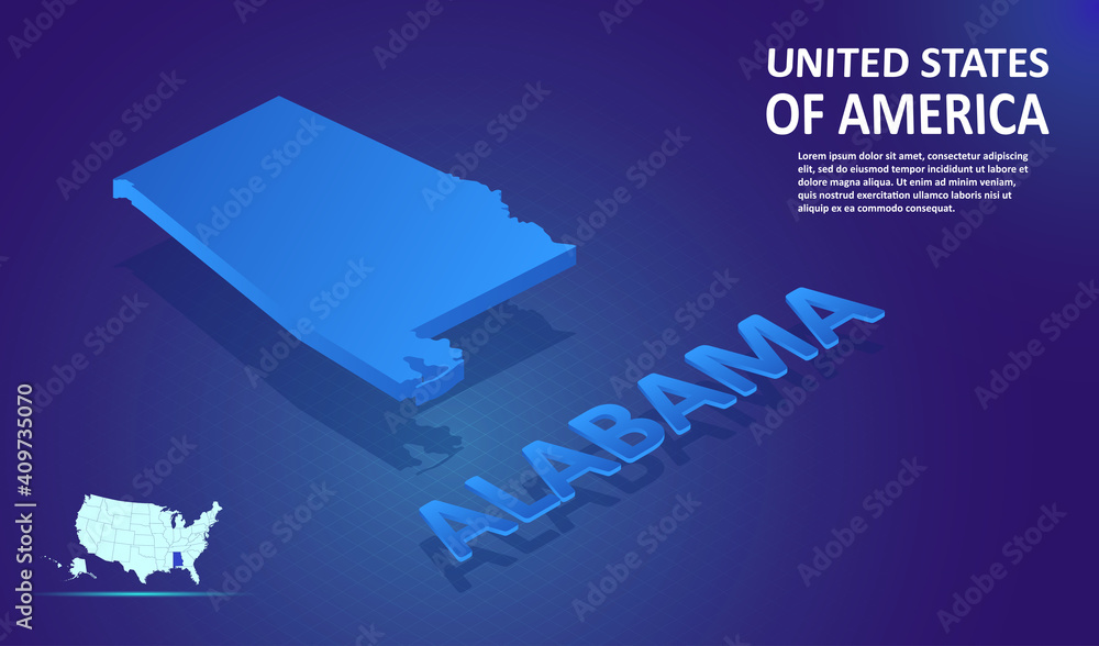 Isometric Alabama State map on blue and glowing background. 3D Detailed ...