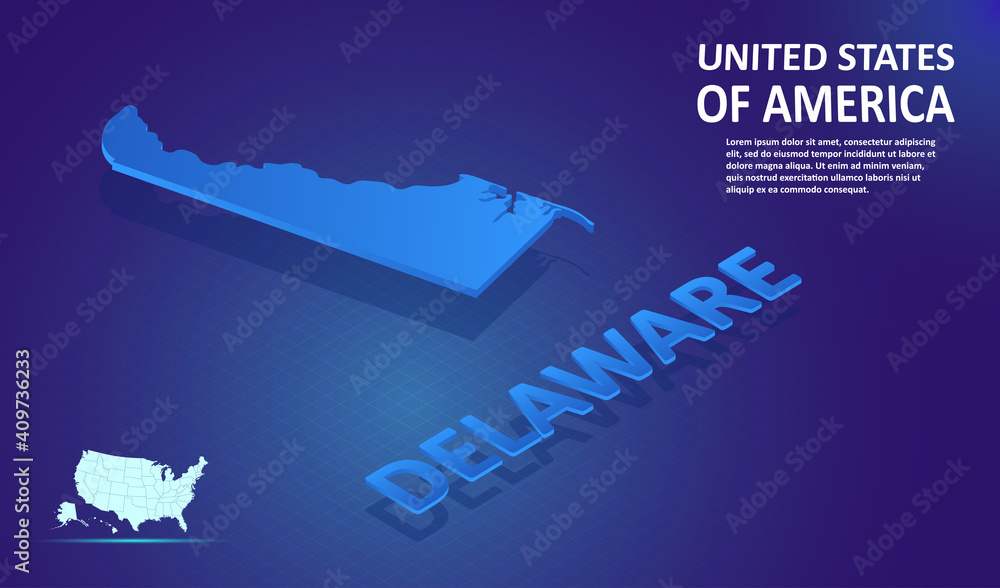 Isometric Delaware State map on blue and glowing background. 3D ...
