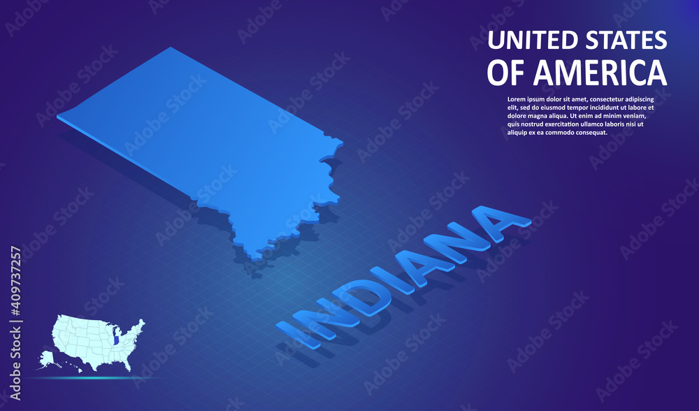 Isometric Indiana State map on blue and glowing background. 3D Detailed ...