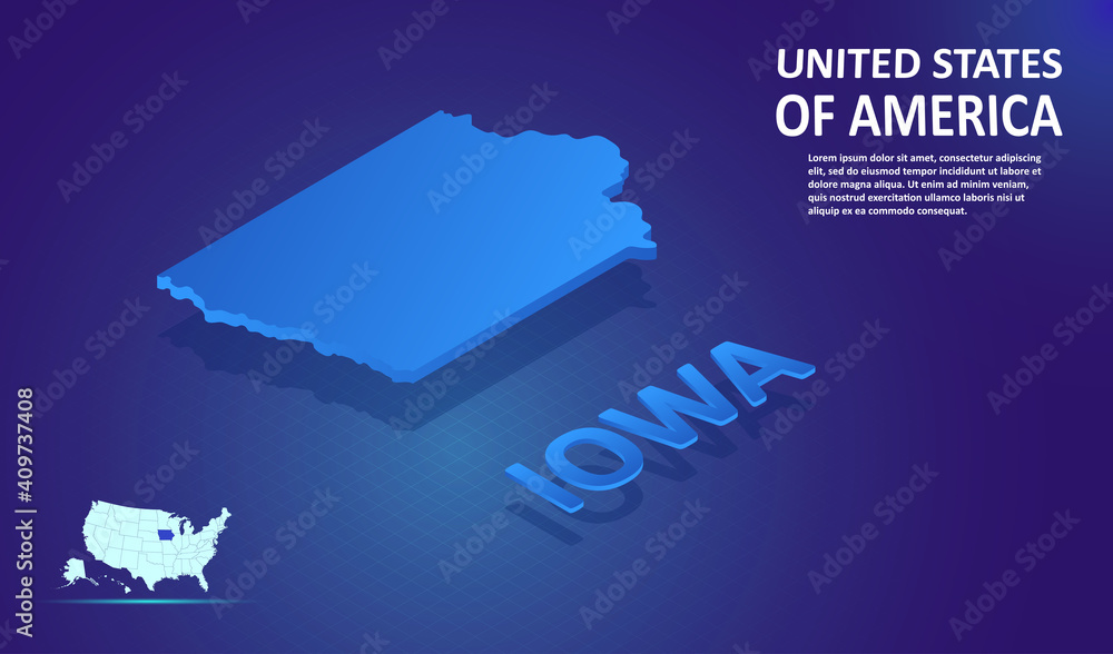 Isometric Iowa State map on blue and glowing background. 3D Detailed ...