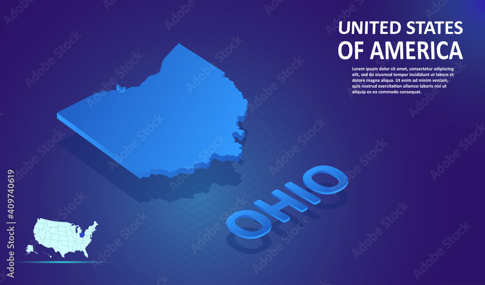 Isometric Ohio State map on blue and glowing background. 3D Detailed ...