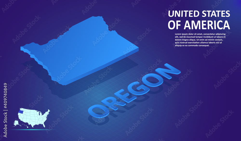 Isometric Oregon State map on blue and glowing background. 3D Detailed ...