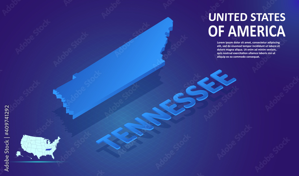 Isometric Tennessee State map on blue and glowing background. 3D ...